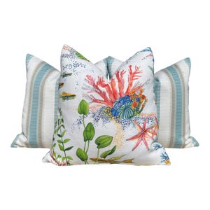 Designer Coralline Outdoor Decorative Pillow in Blue and Coral. Outdoor ...