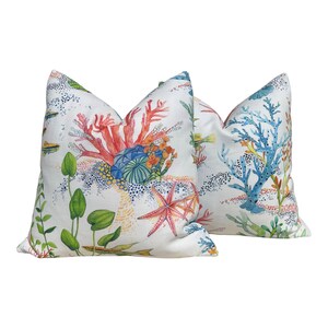 Designer Coralline Outdoor Decorative Pillow in Blue and Coral. Outdoor ...
