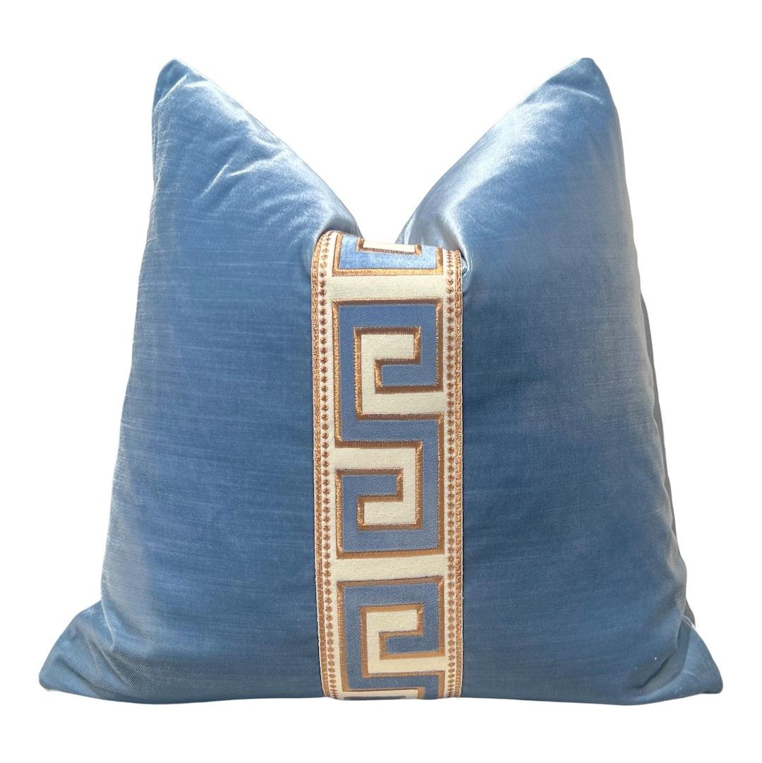 Designer Greek Key Velvet Pillow in Luminous Blue. Decorative High End ...