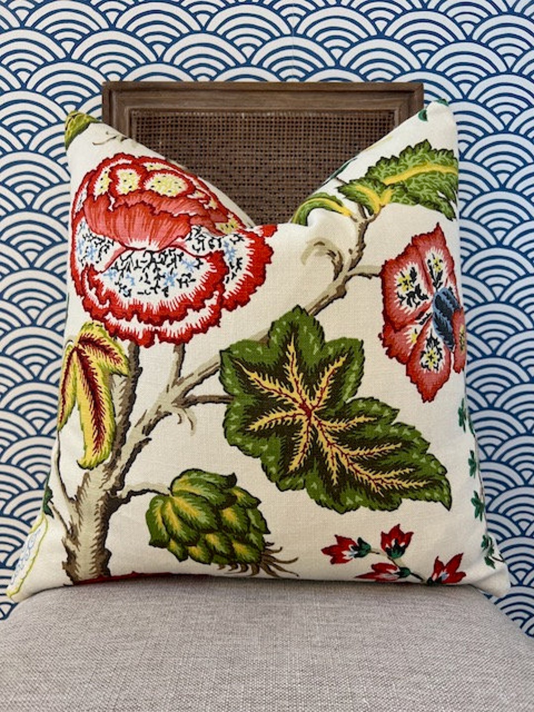 Schumacher Tree of Life Pillow Red, Green and Blue. Floral Lumbar Cover ...
