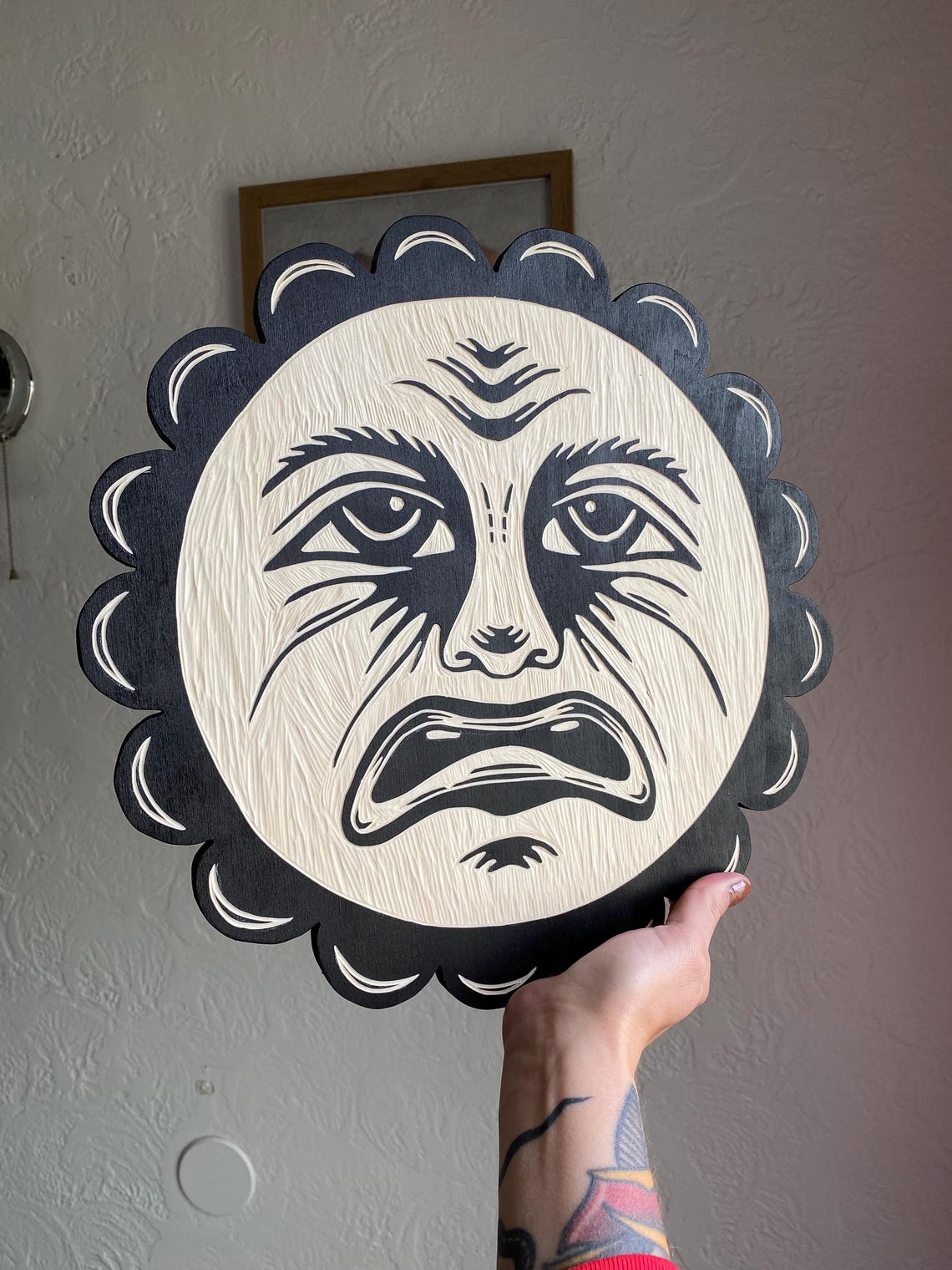 Frowning Moon Woodcut Wall Hanging - Etsy