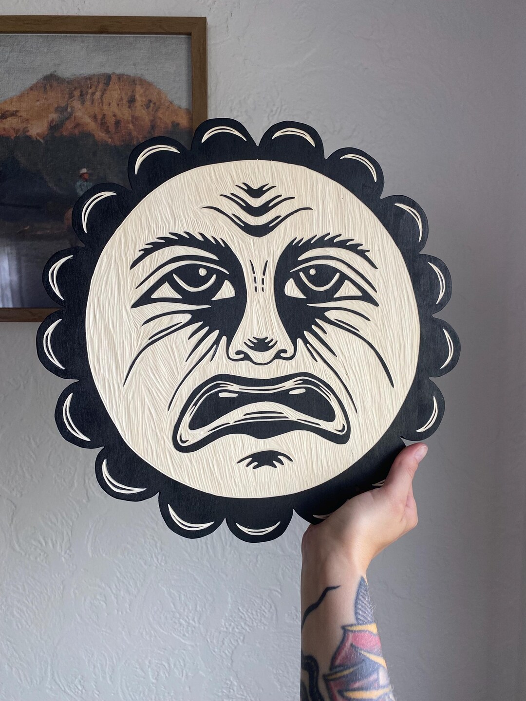 Frowning Moon Woodcut Wall Hanging - Etsy