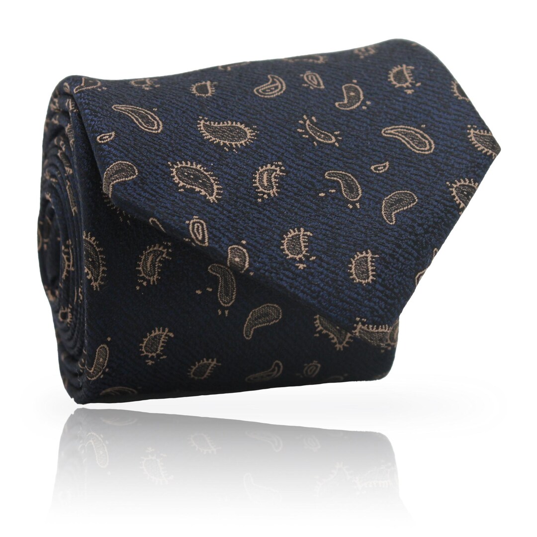 Embroidered Mini Brown Paisley Navy Tie: Classic Subtle Pattern Necktie ...