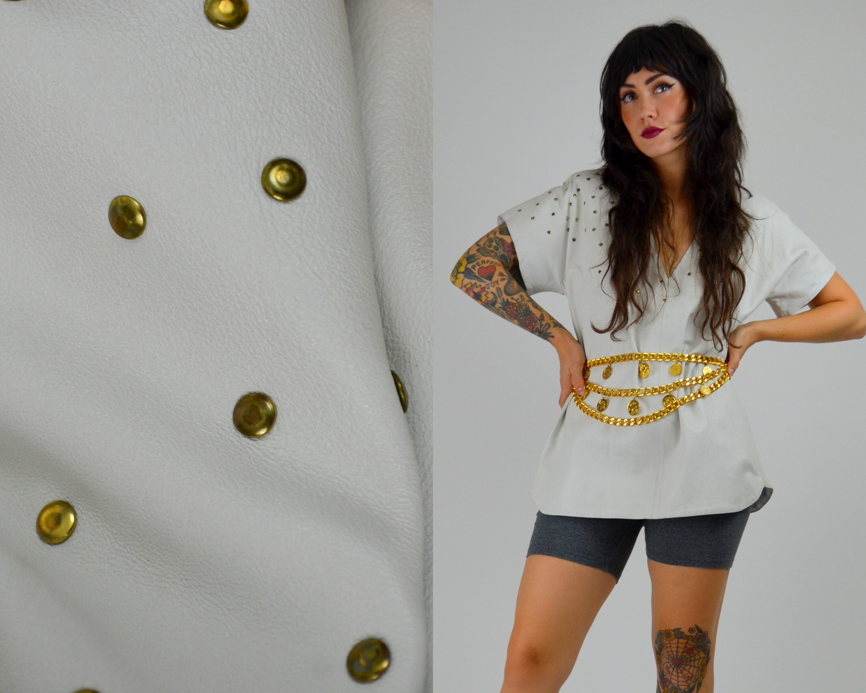 S M 1980s LEATHER Studded Top Vintage White Leather 80s | Etsy