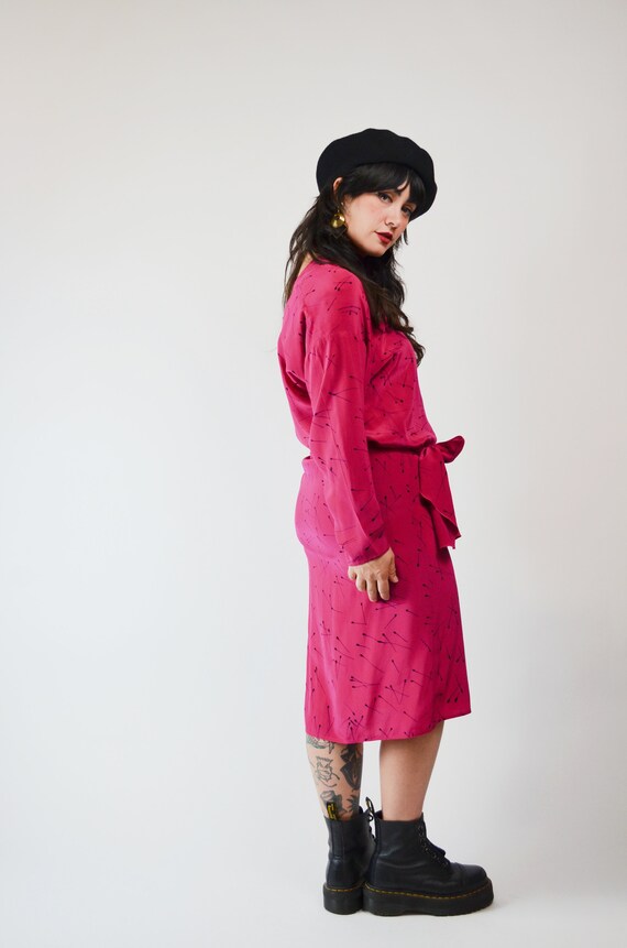 1990s Silk Pink Dress Matchstick Pattern Small Gem