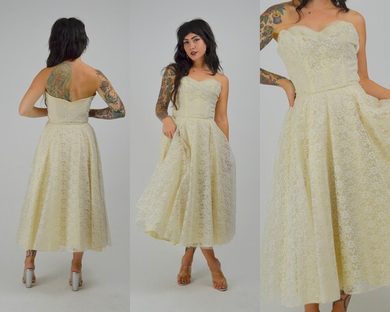 XS 1950 Wedding Dress Strapless Tea Length Prom Dress… - Gem