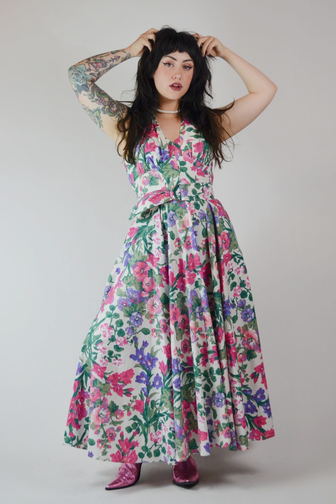 Medium - 1970s Foxy Brand Floral Halter Dress Vintage 70s Flower Print ...