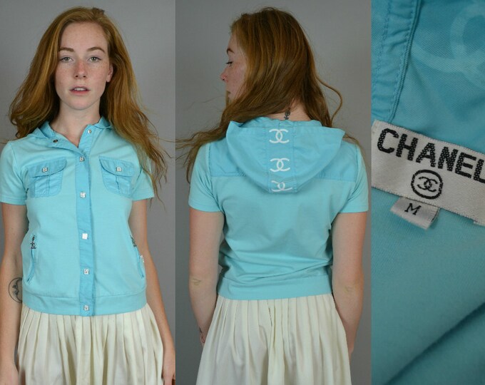 It's Chanel | Baby Blue Sweater Cotton Blouse Snap Button Double CC ...