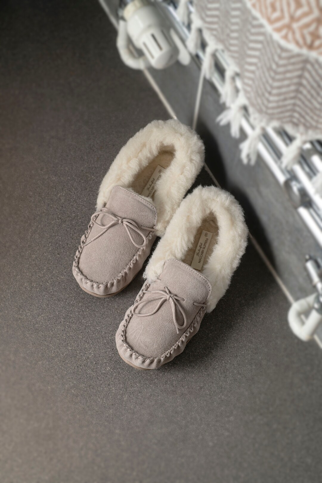 Womens Sheepskin Moccasin Slippers Stone Beige Rubber PVC Sole Lambs ...