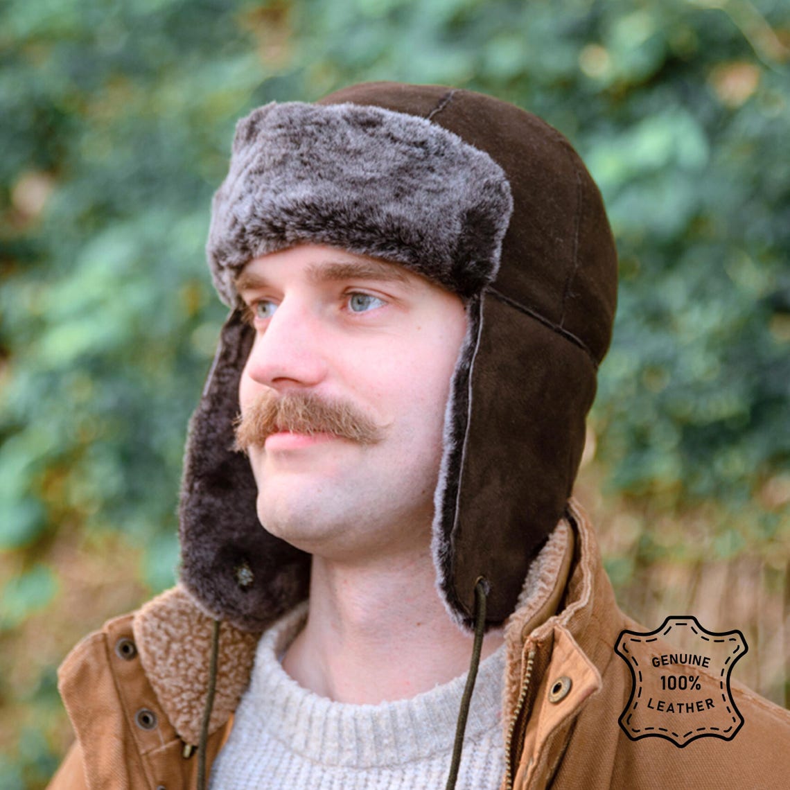 Men's Luxury Sheepskin Hand Stitched Trapper Cold Weather Hiking Hat ...