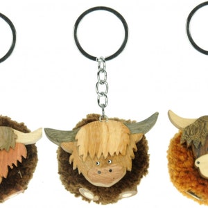Hand Crafted Fluffy Pom Pom Highland Cow Keyring Wooden Key Ring Charm ...
