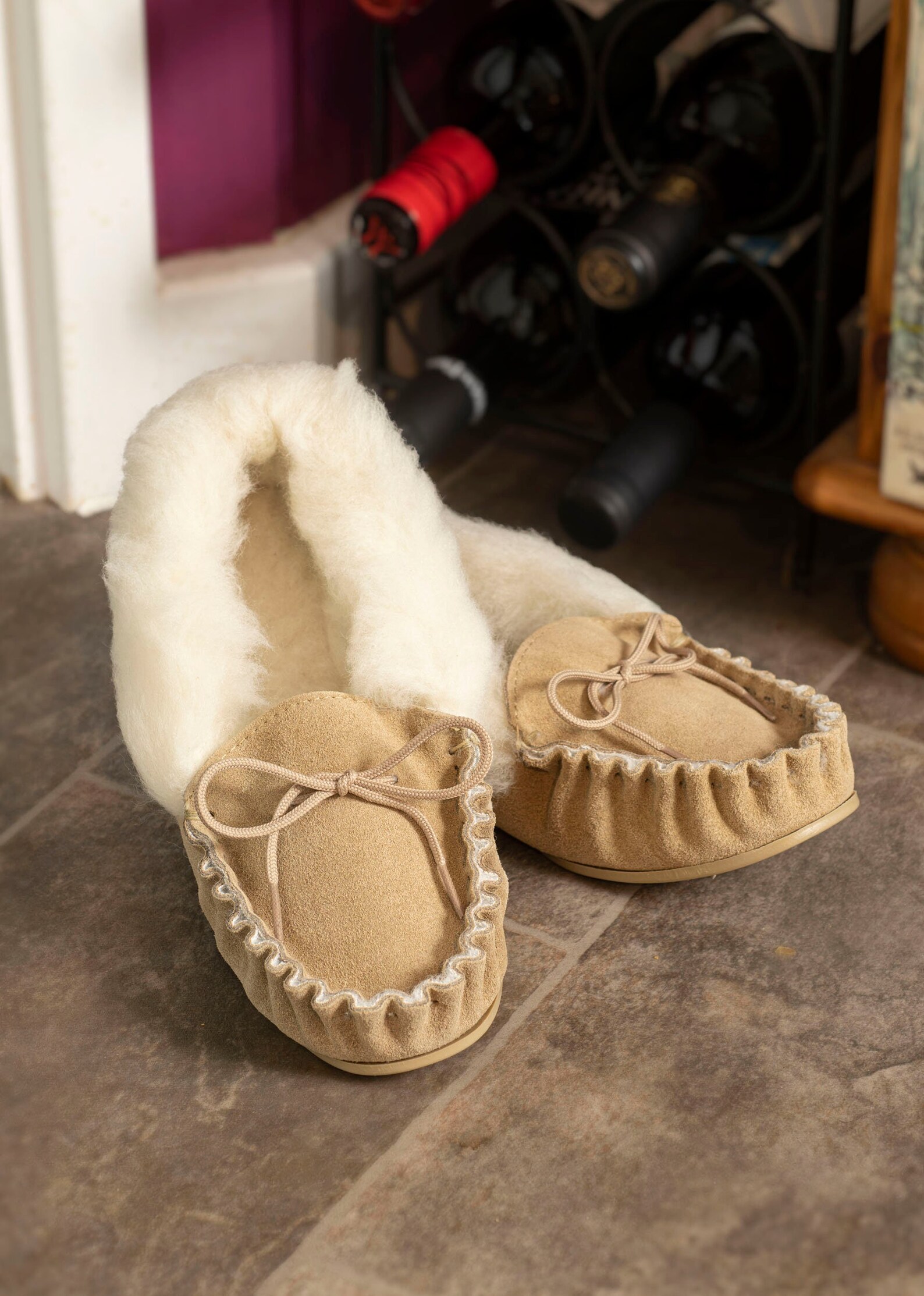 Womens Sheepskin Moccasin Slippers Rubber PVC Sole Sheep Wool Lining ...