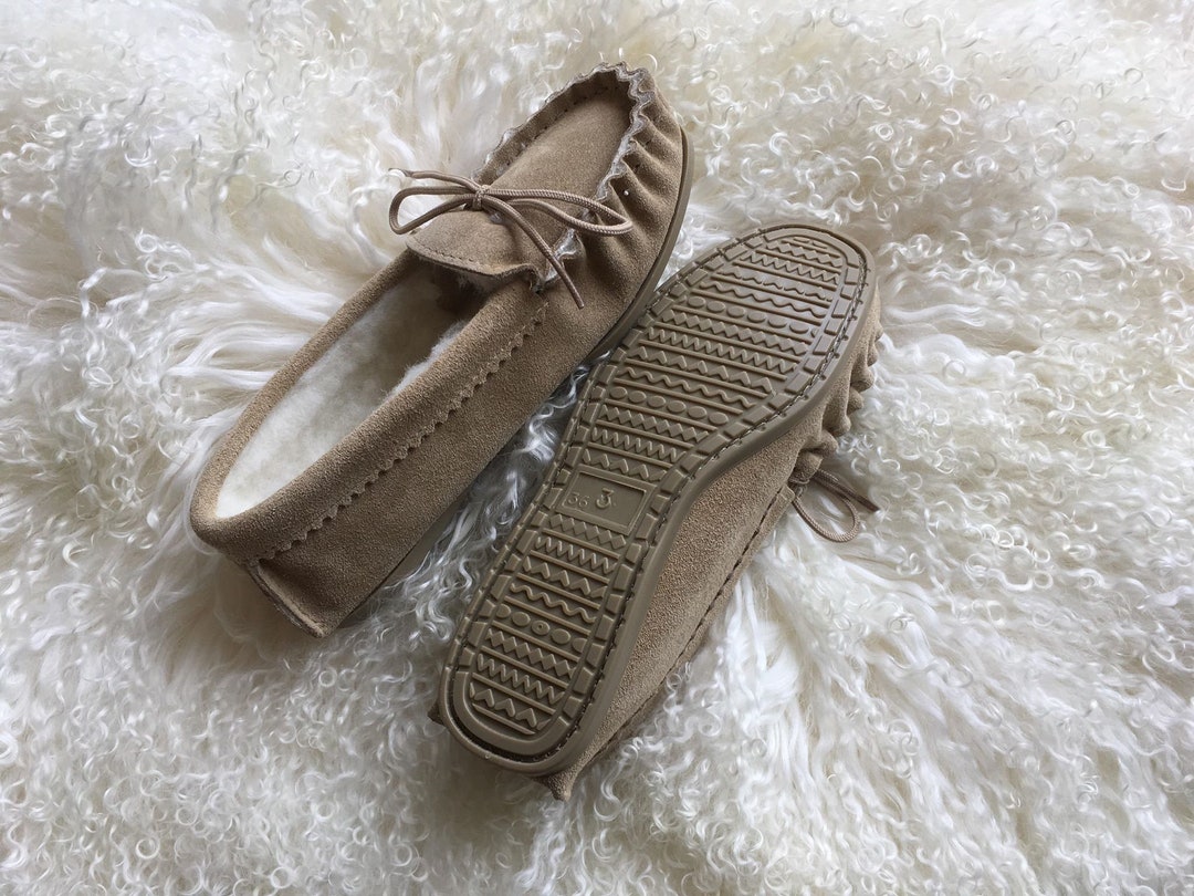 Womens Premium Sheepskin Moccasin Slippers Rubber PVC Sole Lambs Wool ...