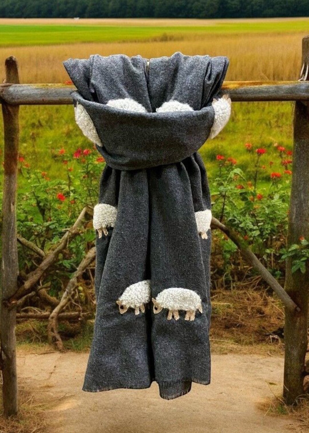 Charcoal Scarf With Mohair Sheep Design Hand Embroidered Lightweight ...
