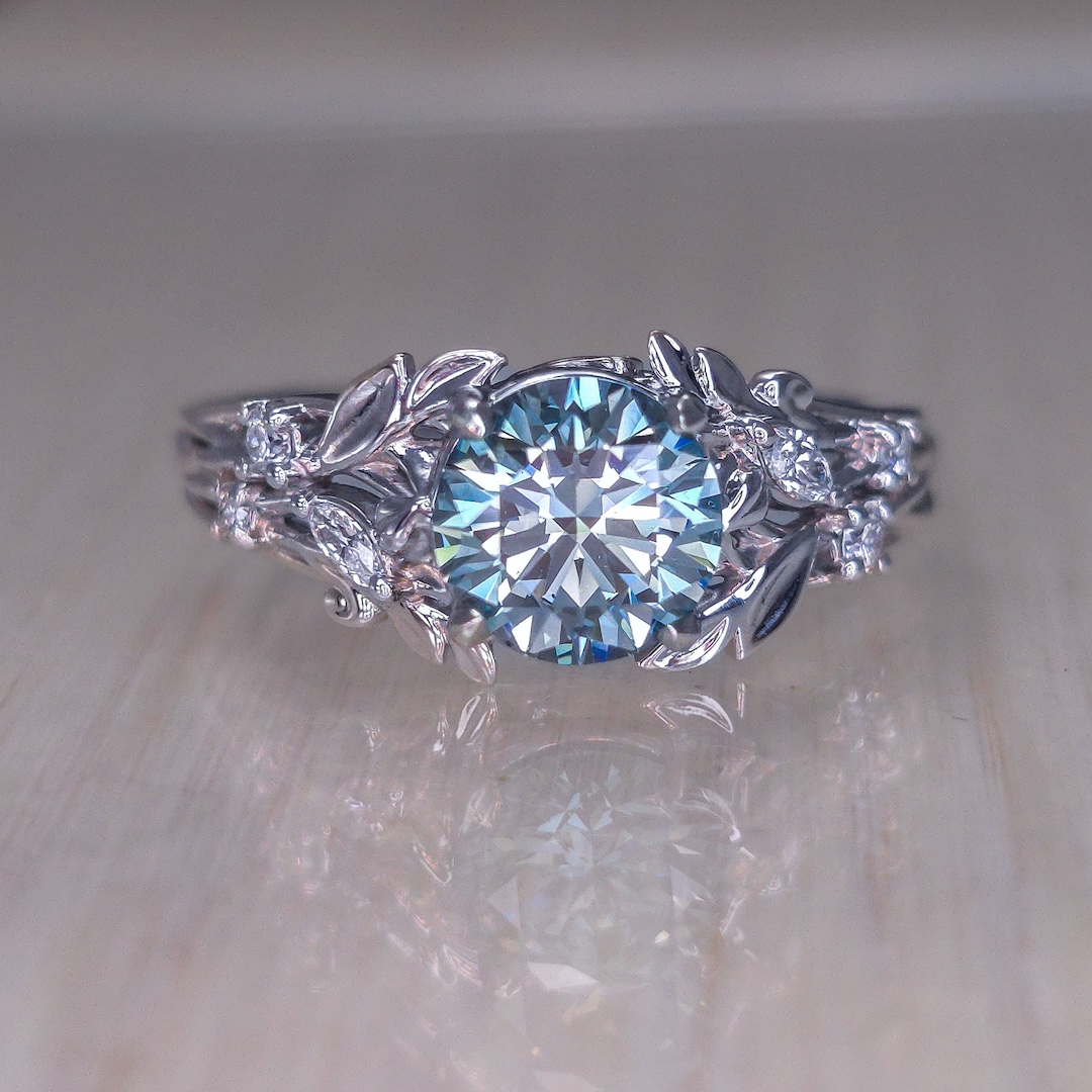 14kt 1ct Fancy Green Blue Lab Diamond With Accent Stones, Floral Ring ...