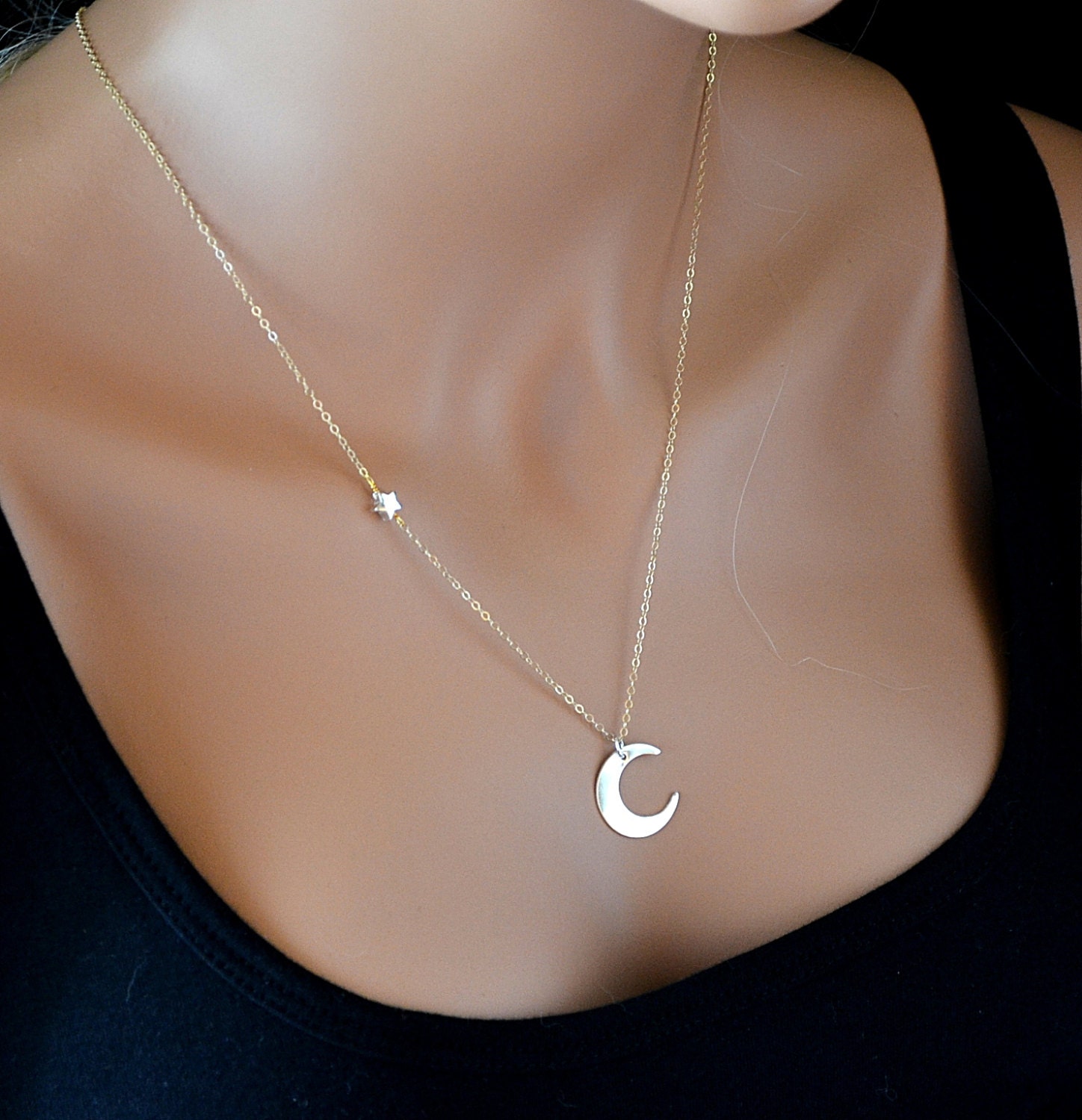 Gold Moon Star Necklace Extra Long Chain Mixed Metal | Etsy