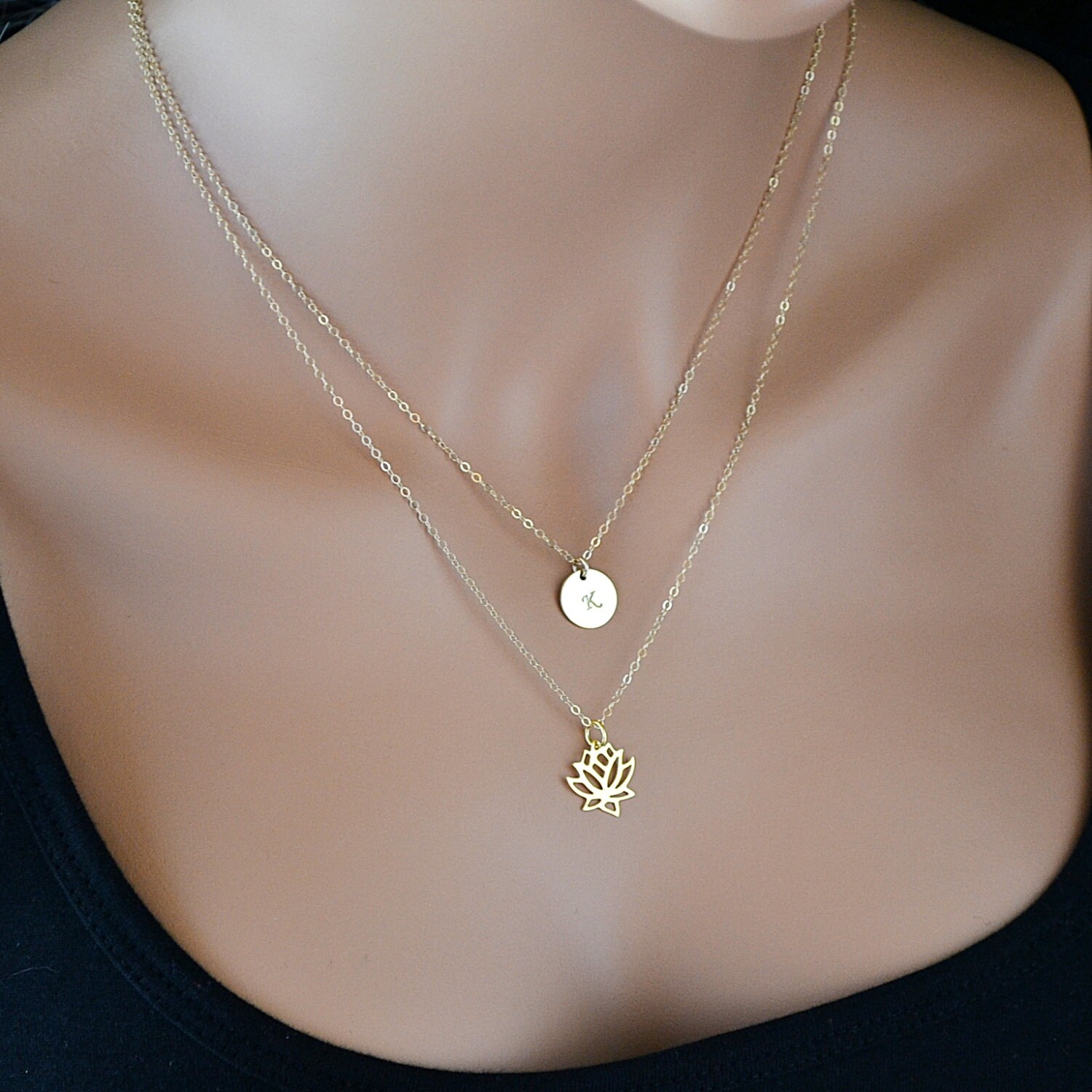 Lotus Necklace Gold Layered Necklace Initial Necklace Gold | Etsy