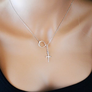 Cross and Infinity Lariat Necklace, Gold, Rose Gold, Sterling Silver, Forever Necklace, Faith ...