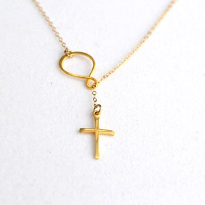 Cross and Infinity Lariat Necklace, Gold, Rose Gold, Sterling Silver, Forever Necklace, Faith ...