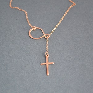 Cross and Infinity Lariat Necklace, Gold, Rose Gold, Sterling Silver, Forever Necklace, Faith ...