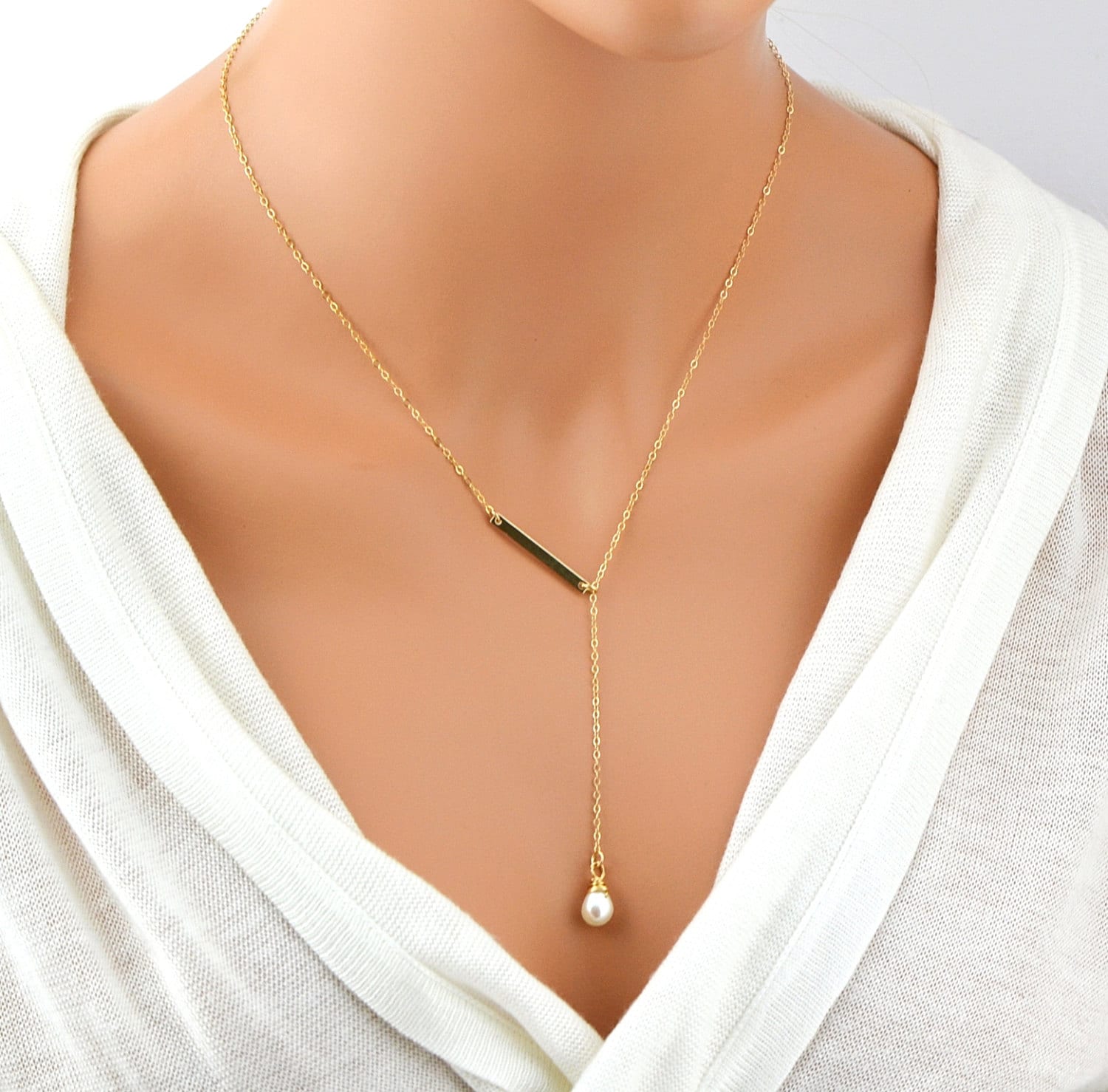 Single Pearl Necklace Gold Y Necklace Gold Bar Lariat Etsy