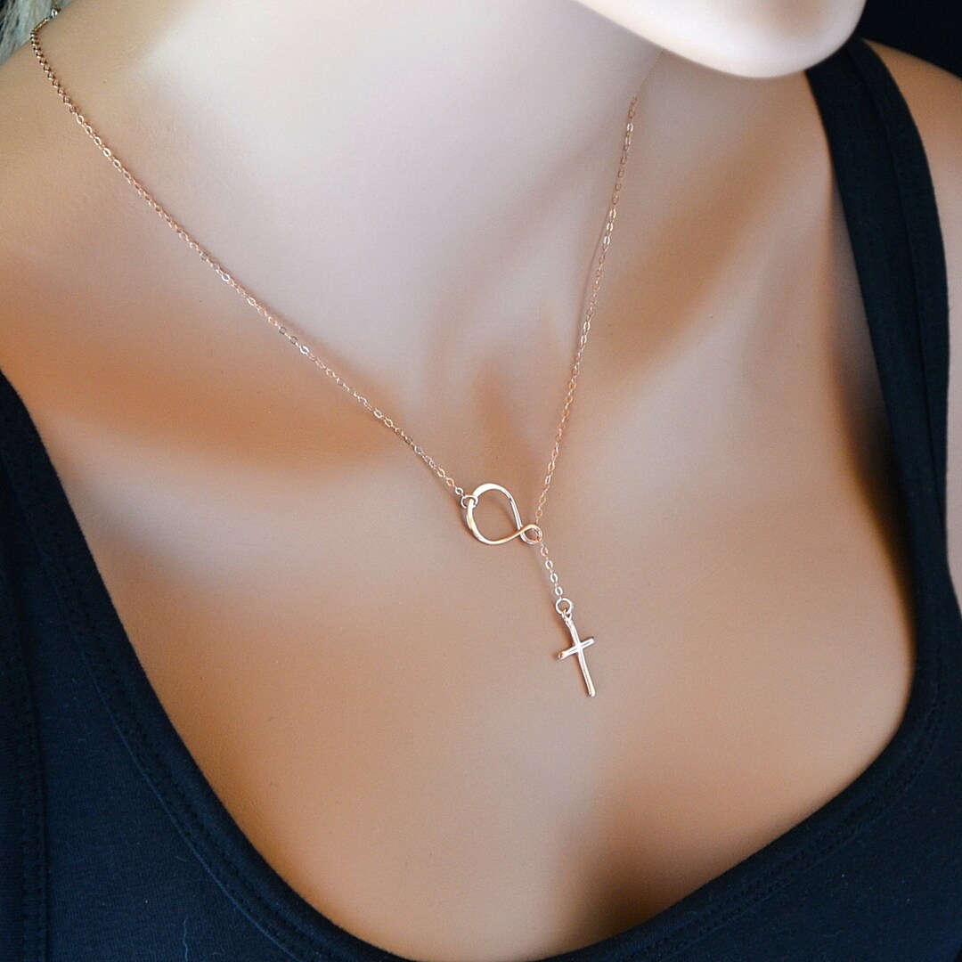 Cross and Infinity Lariat Necklace, Gold, Rose Gold, Sterling Silver, Forever Necklace, Faith ...