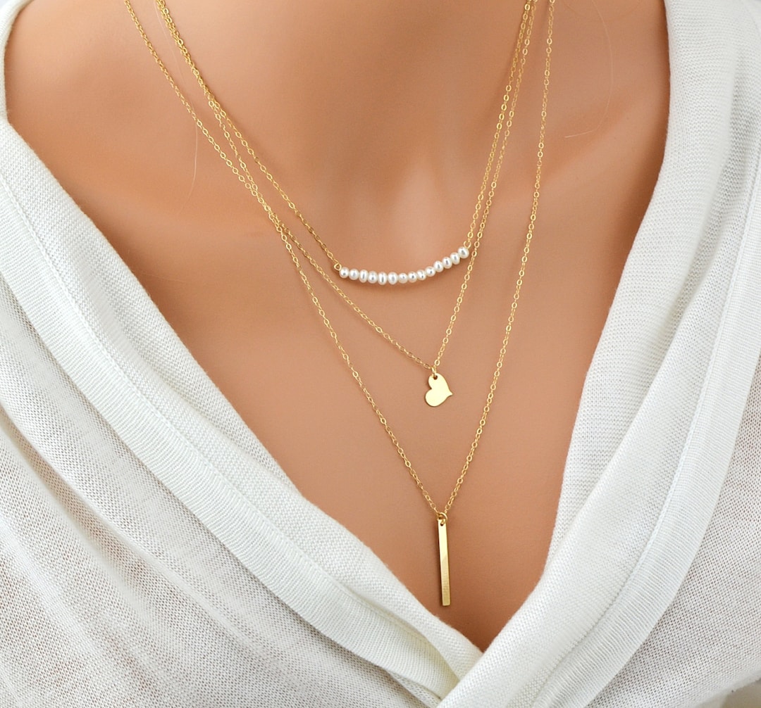 Layered Necklace Set, Delicate Gold Layer Necklace, Set of 3, Heart ...