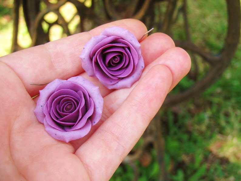 Purple-magenta-lilac Rose Earrings Handmade Polymer Clay - Etsy