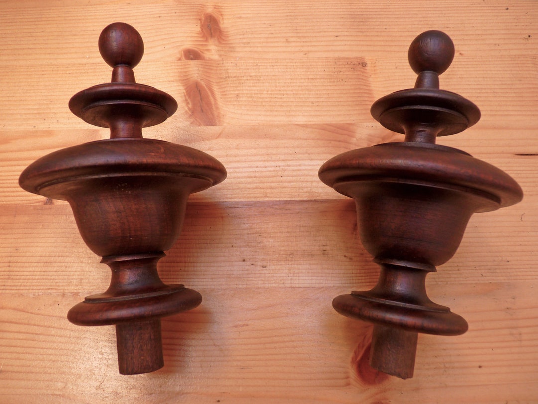Beautiful Dark Set of 2 Antique Finials, French Hand Turned Wood Ideal ...