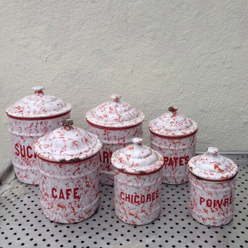 Set of 5 Vintage French Enamel Kitchen Canisters. Red-orange - Etsy