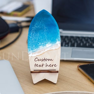 Personalized Surfboard Phone Stand: Resin Sea, Wooden Cell Phone Holder ...