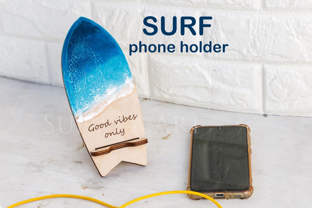 Personalized Surfboard Phone Stand: Resin Sea, Wooden Cell Phone Holder ...