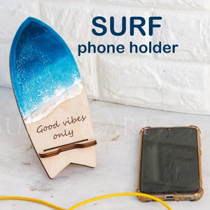 Personalized Surfboard Phone Stand: Resin Sea, Wooden Cell Phone Holder ...