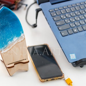 Personalized Surfboard Phone Stand: Resin Sea, Wooden Cell Phone Holder ...