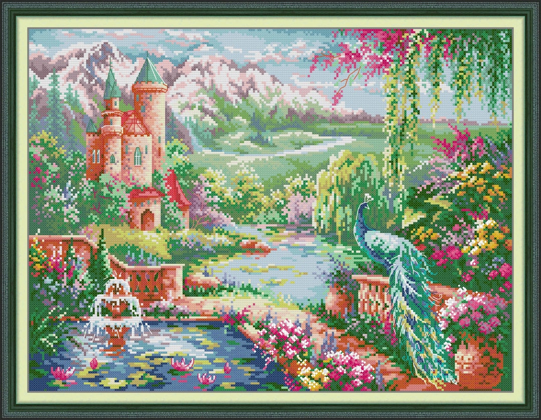 Peacock and Red Castle Cross Stitch Kit: Colorful Garden DIY Embroidery ...