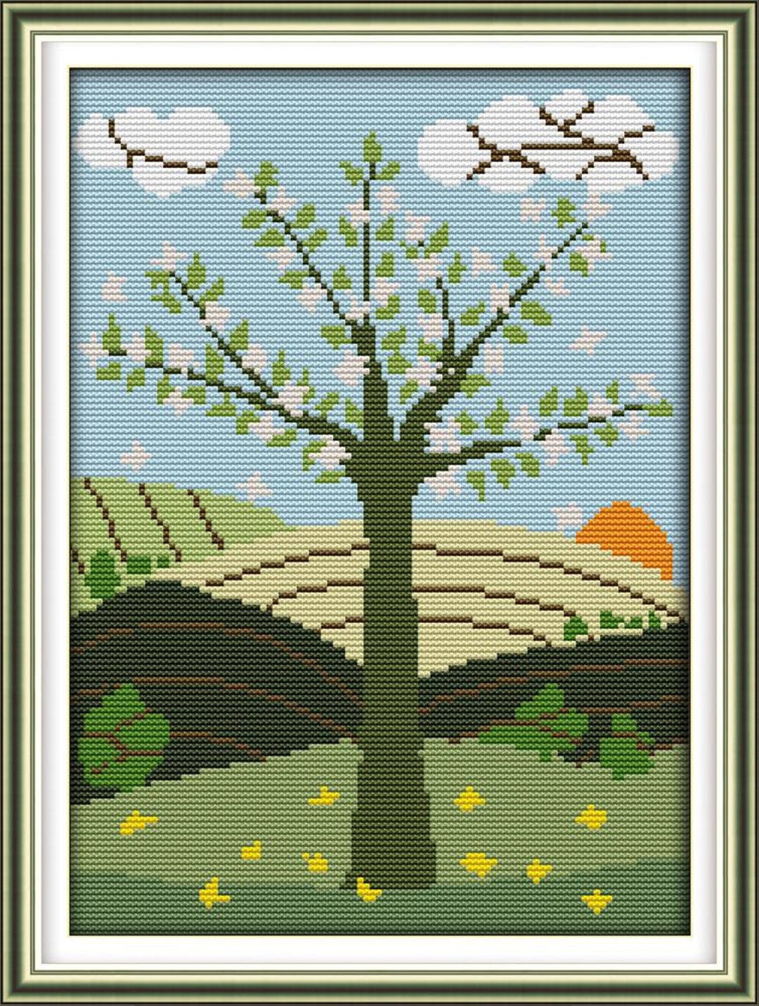 Stamped Spring Scenery Cross Stitch Kit, Egyptian Cotton, 33x42cm - Etsy