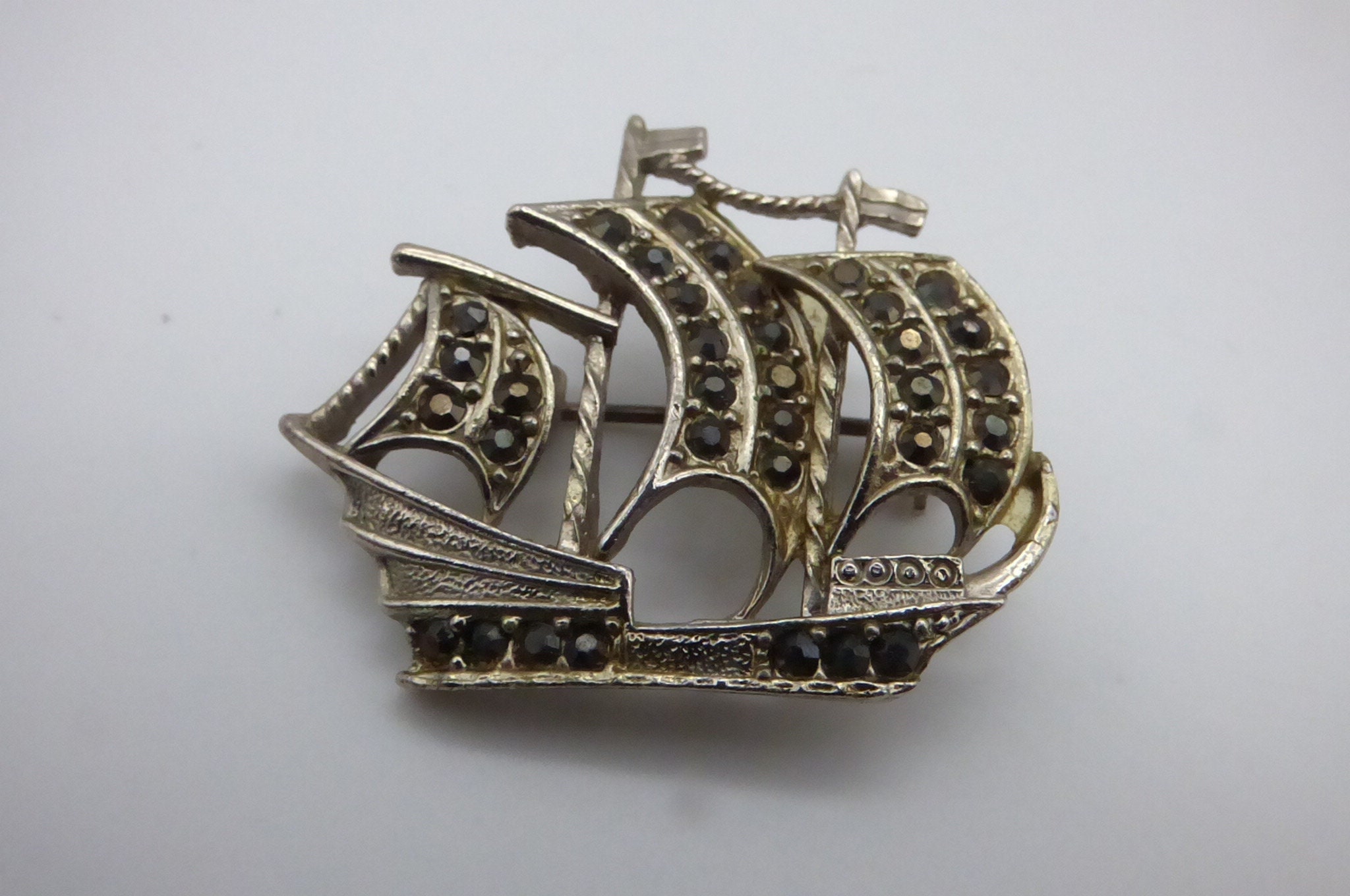 Vintage Ship in Full Sail Brooch Pin Silvertone With - Etsy