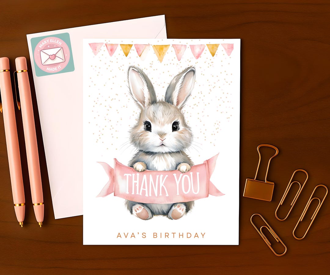 Pink Bunny Birthday Thank You Note Template, Rabbit Birthday Digital ...