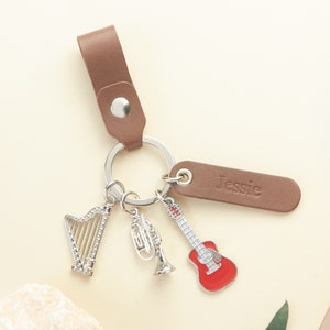 Personalized Leather Name Tag Music Instrument Charms Keychain Guitar ...