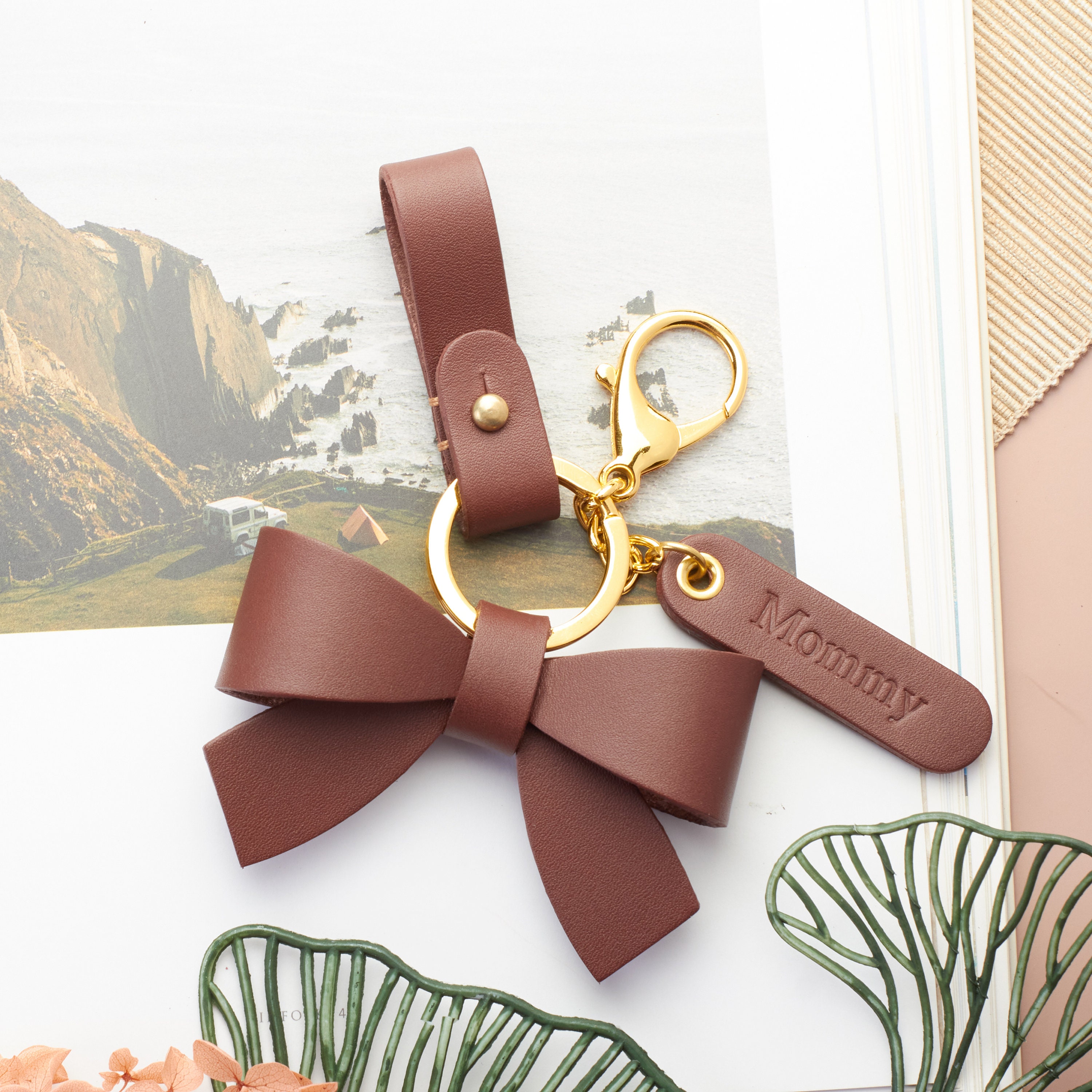 Leather Bow Keychain Charms With Personalized Name Tag | Custom Name ...