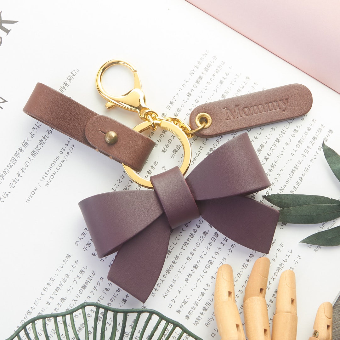 Leather Bow Keychain Charm - Personalized Name Engraving Leather Bow ...