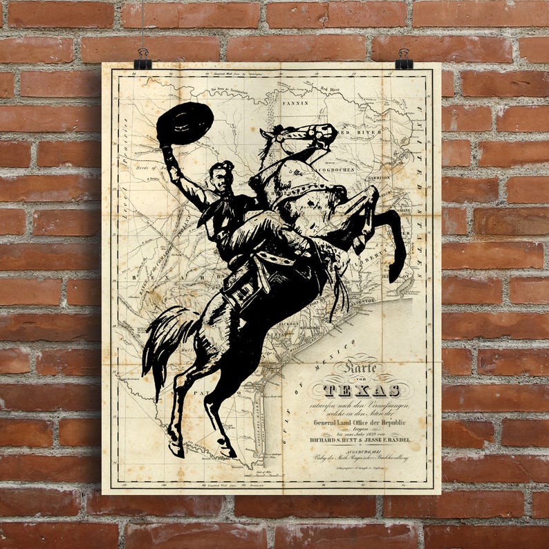 Vintage Cowboy Rodeo Map of North America Texas Art Print | Etsy