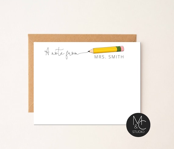 Teacher Personalized Note Card, Custom Teacher Name Stationery, Pencil ...