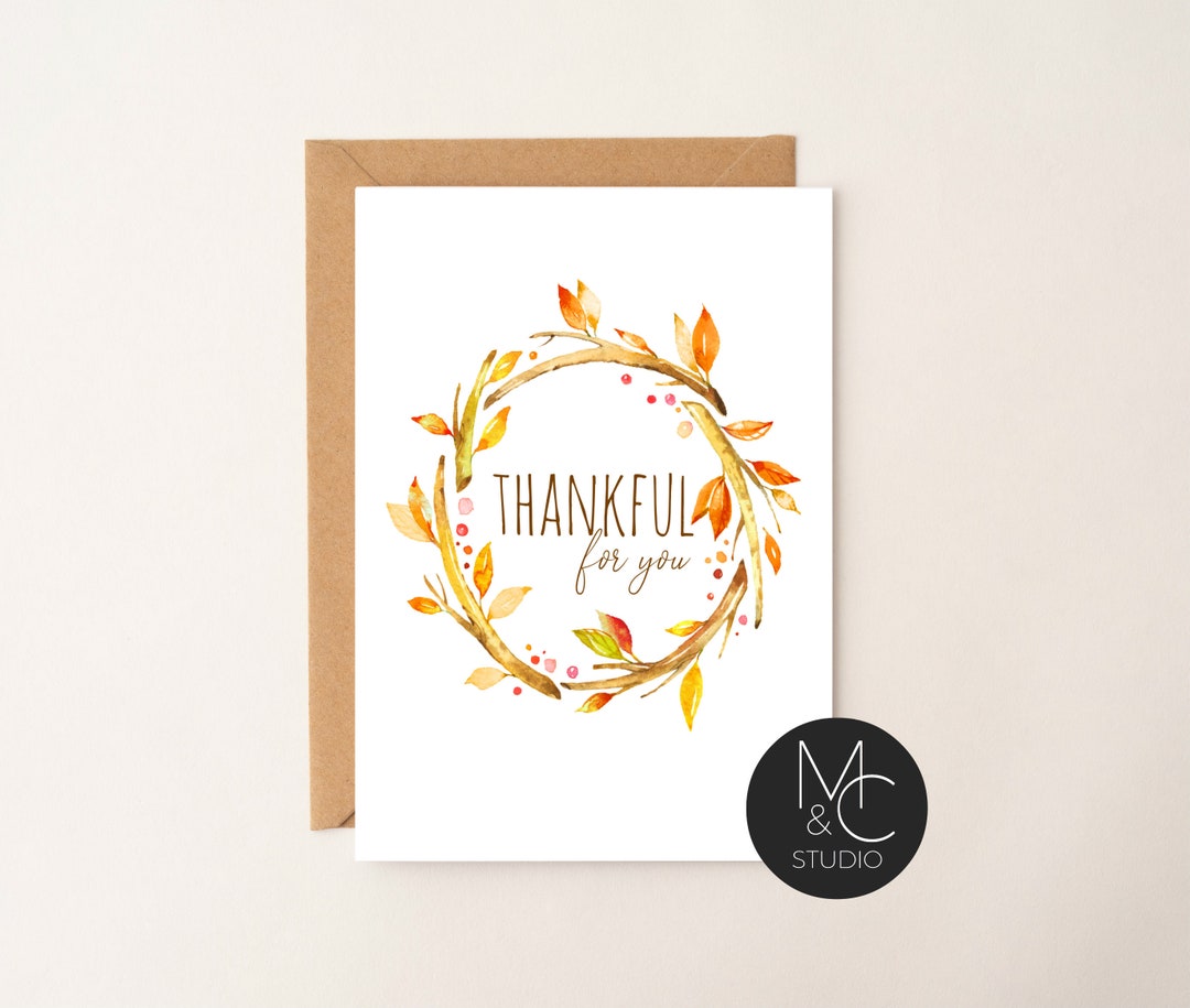 Fall Wreath Watercolor Card, Thankful for You Card, Kraft Envelope ...