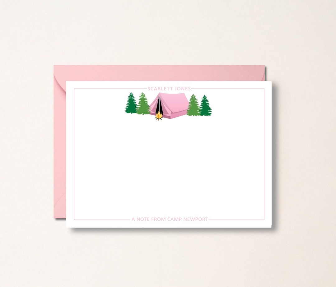 Summer Camp PINK Personalized Note Card, Custom Camp Name Stationery ...