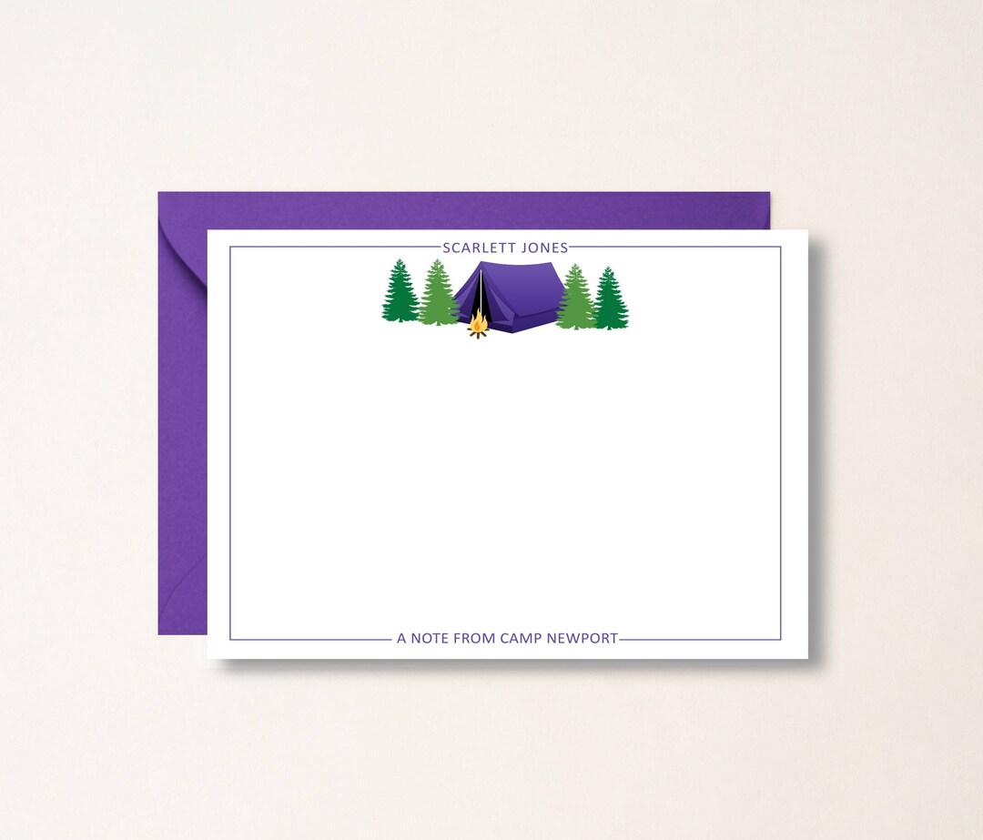 Summer Camp PURPLE Personalized Note Card, Custom Camp Name Stationery ...