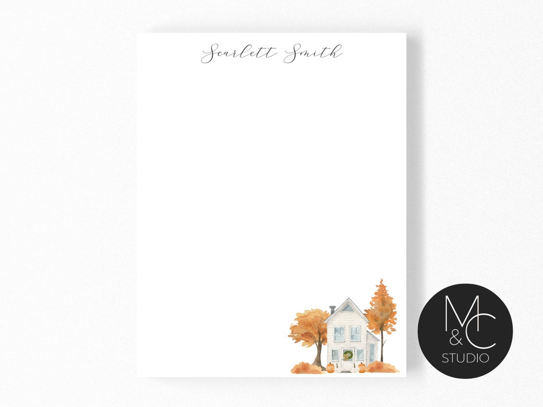 Personalized Fall House Notepad Country, Fall Trees, Stationery 5x7, 8 ...