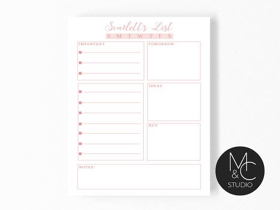 Personalized To Do List 5x7 or 8.5x11 Notepad Stationary, Teacher Gift ...