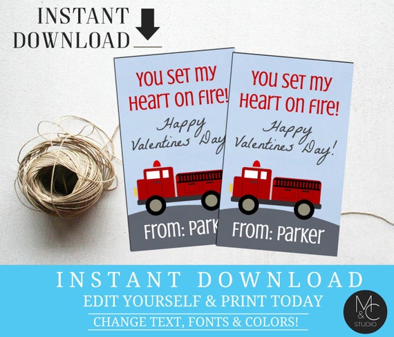 Valentine Card, Editable, Kids Fire Truck Fireman Boys School Valentine ...