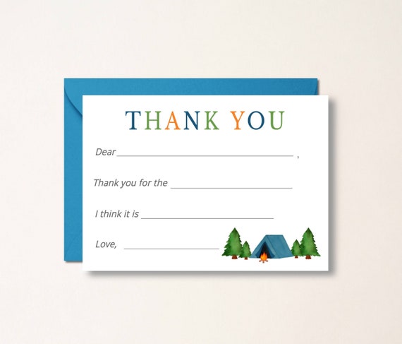 Kids Camping Thank You Cards, Childrens Fill in the Blank Thank You ...